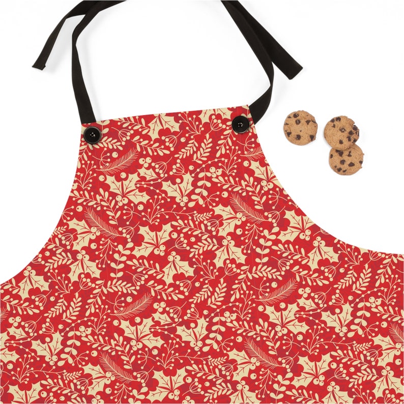 Apron Red and Beige Holiday Apron, Holly Motif Holiday Apron, Holiday ...