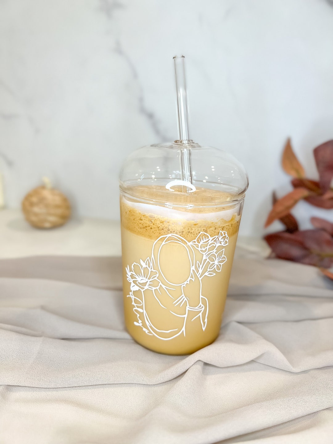 Iced Coffee Glass Cup With Dome Lid And Glass Straw Personalized Coffee Cups Boba Glass Cups