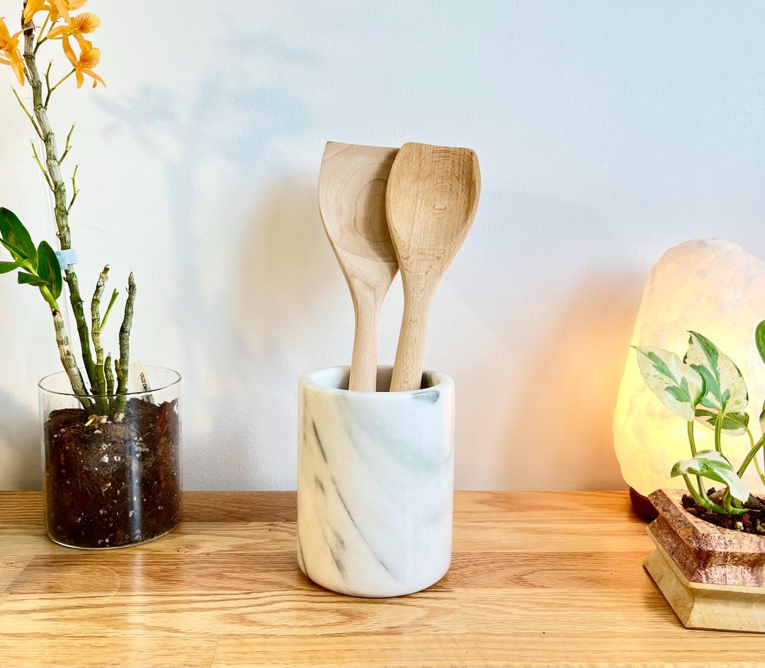 One (1) Real White Marble Utensil Holder – Multi-use White Marble Vase ...