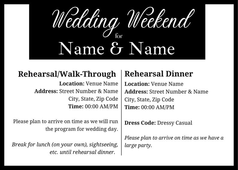 Wedding Weekend Outline - Etsy