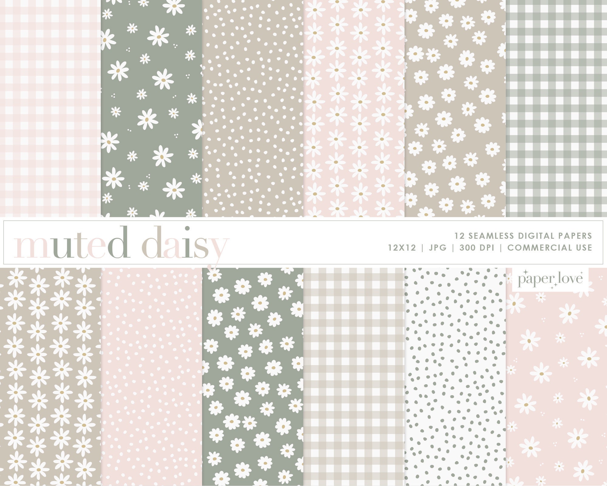 Daisy Digital Paper, Muted Boho Daisy Floral Seamless Repeat Pattern ...