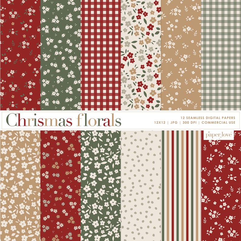 Modern Christmas Floral Seamless Pattern Digital Paper, Holiday Winter ...
