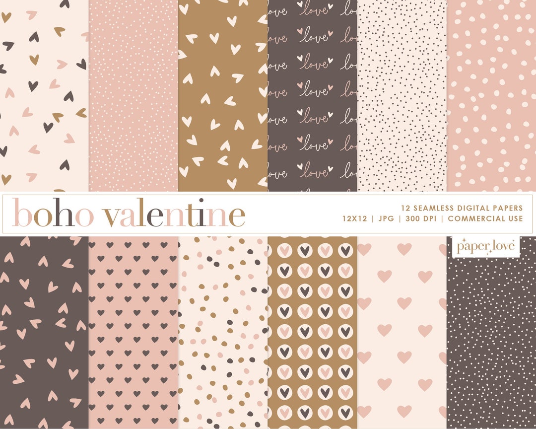 12 Boho Valentine Seamless Digital Papers, Scrapbook Paper, Heart ...