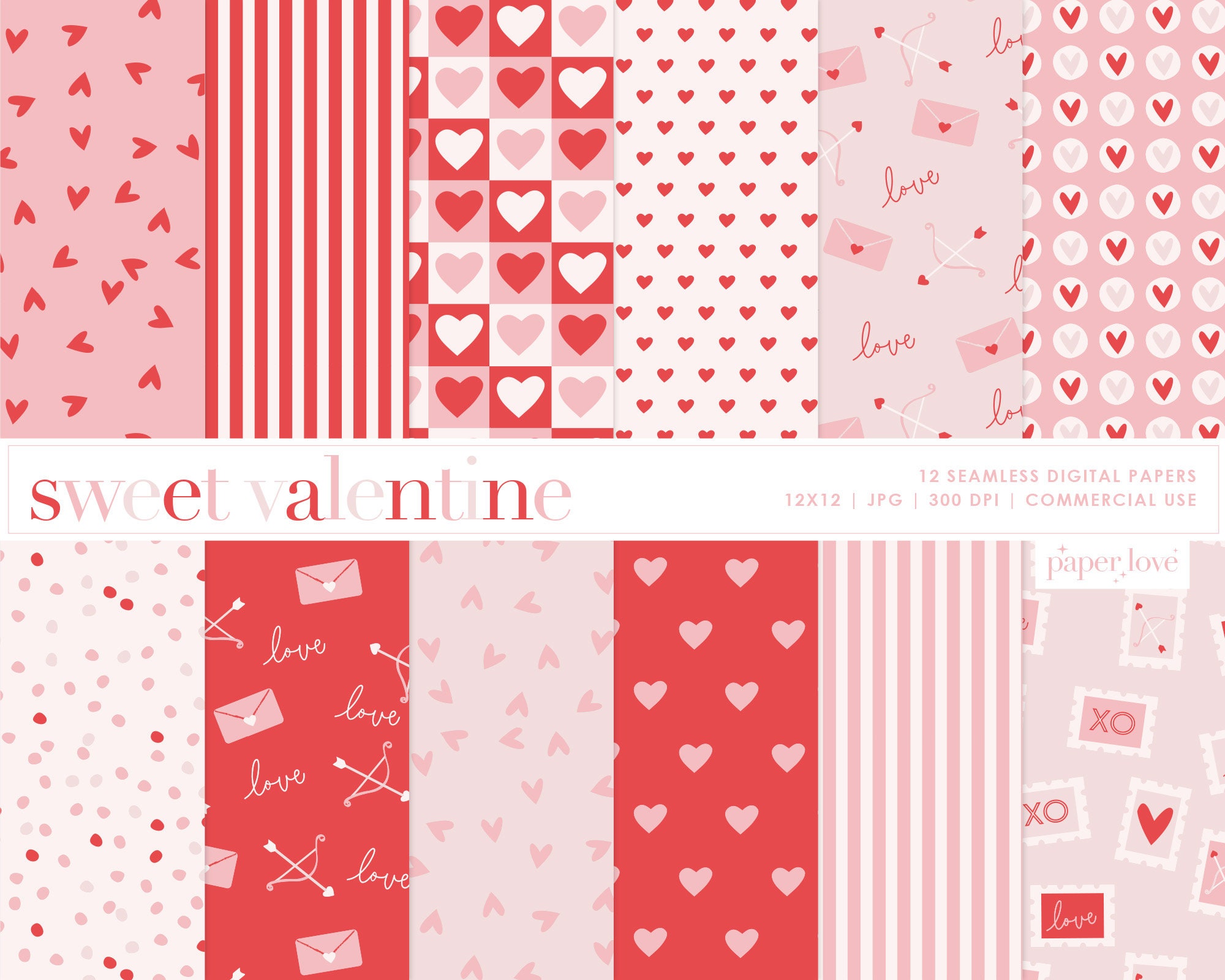 12 Valentine Seamless Digital Papers, Heart Scrapbook Paper, Love Heart ...