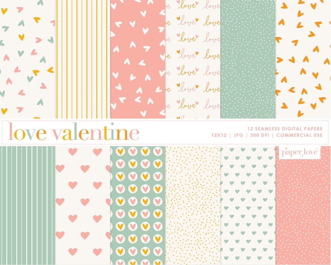 12 Love Heart Valentine Seamless Digital Papers, Scrapbook Paper, Heart ...