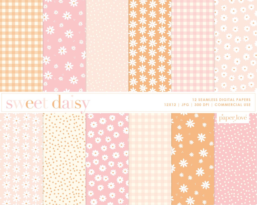 Daisy Digital Paper, Retro Spring Daisy Floral Seamless Repeat Pattern ...