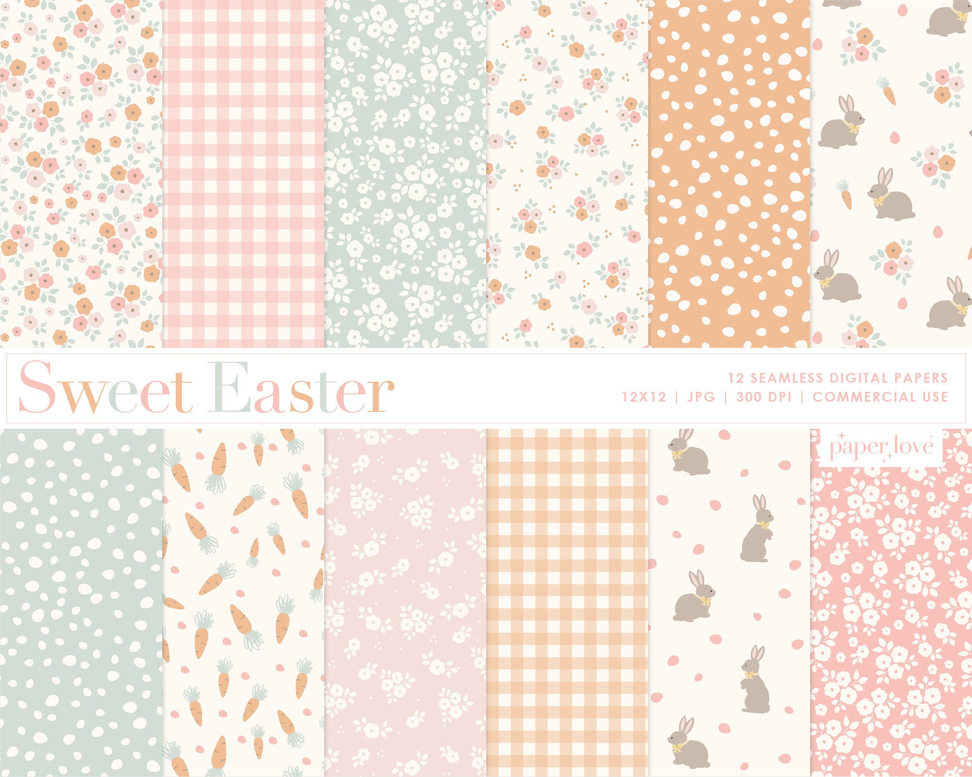 12 Easter Seamless Digital Paper, Spring Floral Easter Bunny ...