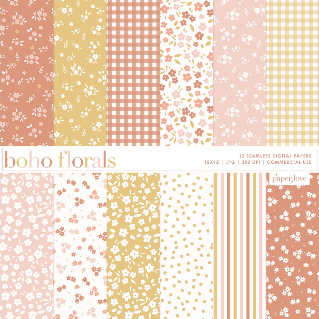 Muted Boho Floral Seamless Pattern, Digital Paper Backgrounds ...