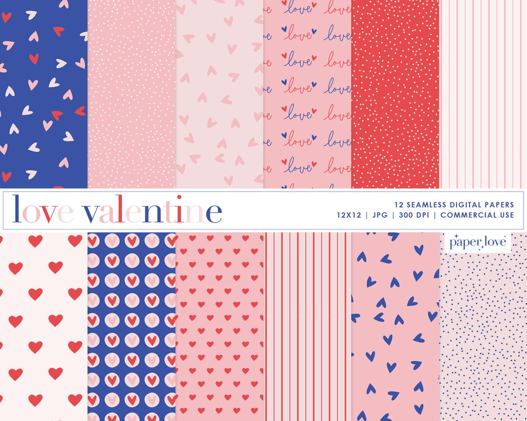 12 Love Heart Valentine Seamless Digital Papers, Valentine Digital ...