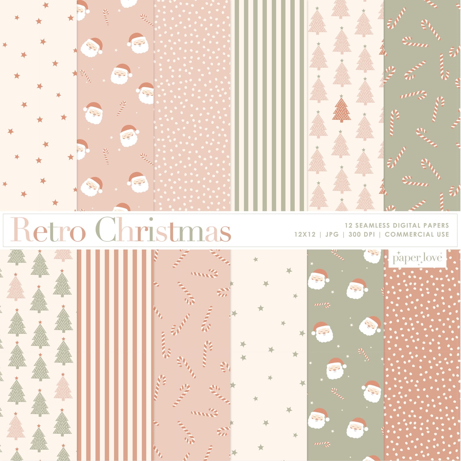Retro Christmas Digital Paper, Santa Claus Paper, Candy Cane Digital ...
