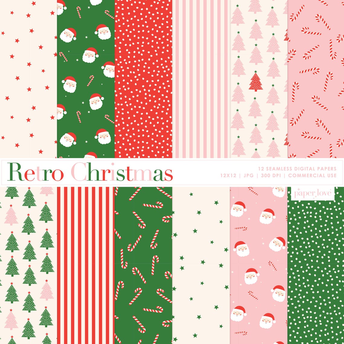 Christmas Digital Paper, Candy Cane Digital Paper, Retro Santa Claus ...