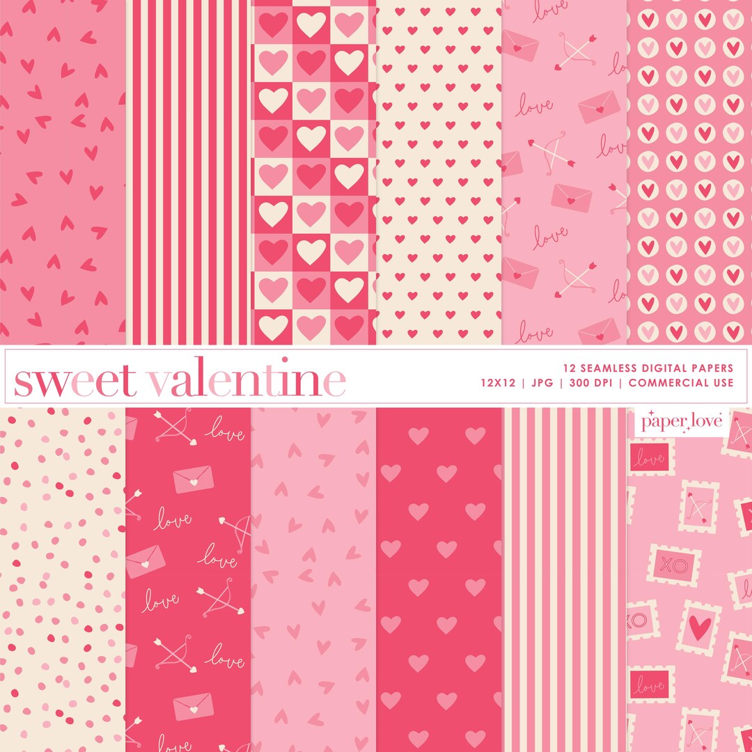 12 Valentine Hearts Seamless Digital Papers, Valentine's Day Scrapbook ...