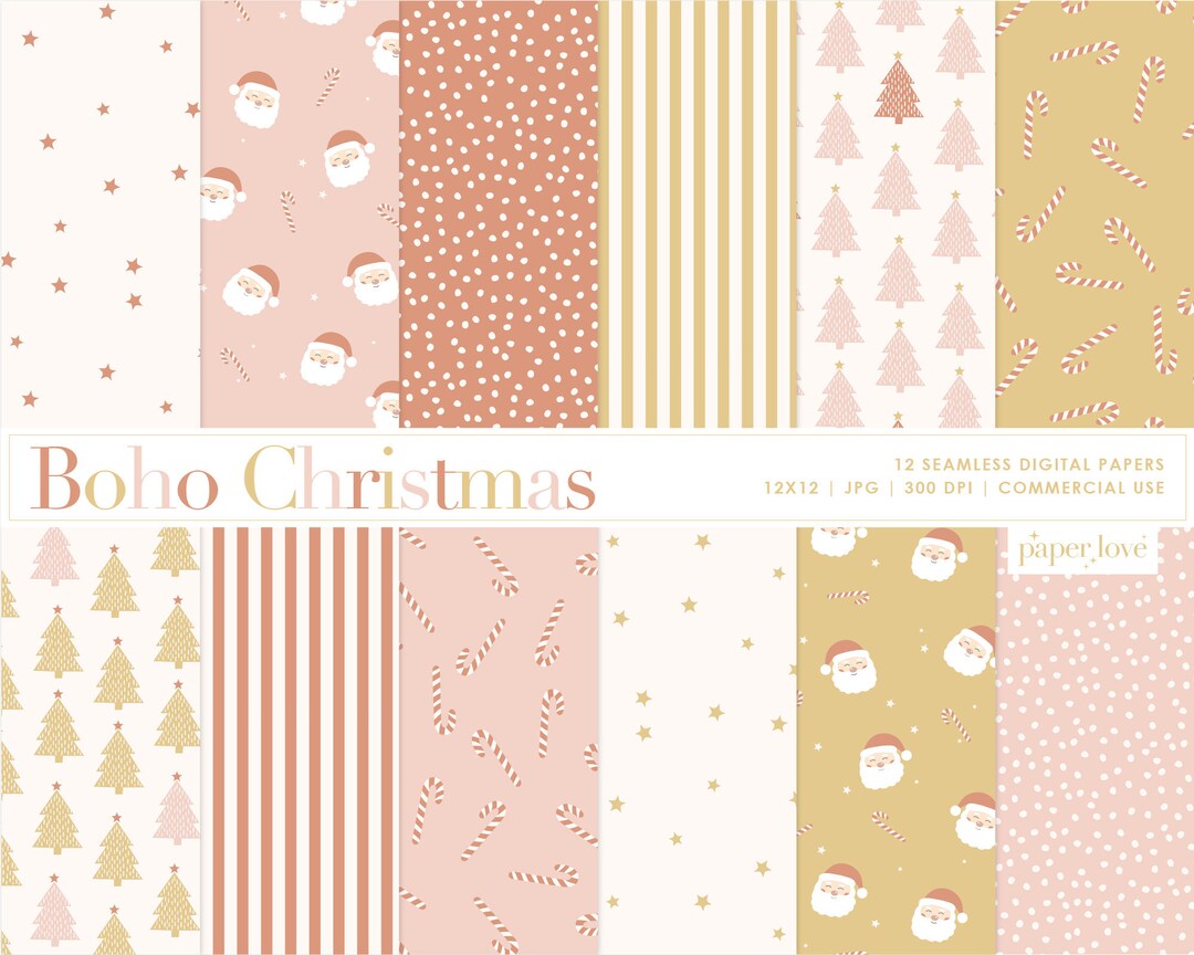 Boho Christmas Digital Paper, Christmas Scrapbook Paper, Boho Digital ...