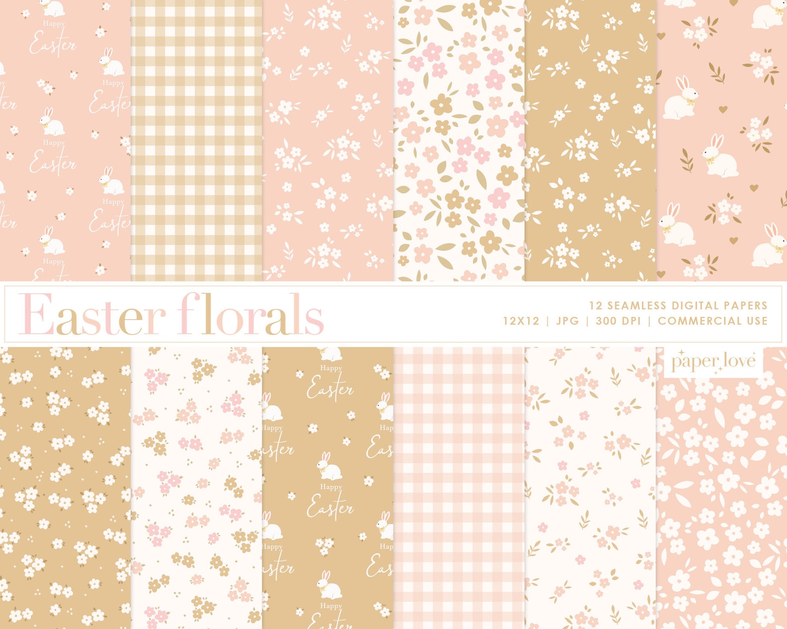 12 Easter Seamless Digital Papers, Boho Easter Scrapbook Paper, Bunny ...
