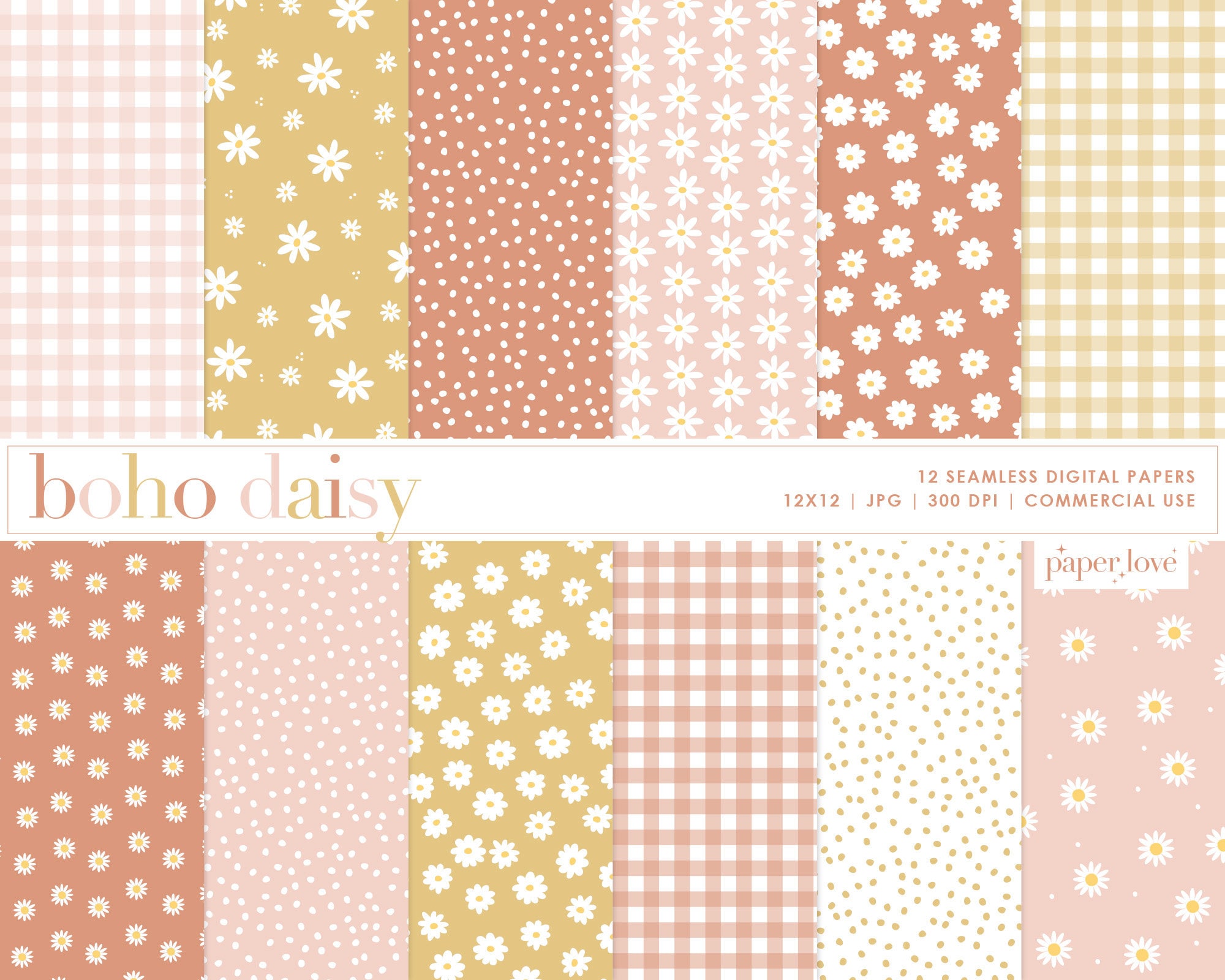 Boho Daisy Digital Paper, Daisy Floral Seamless Repeat Pattern ...