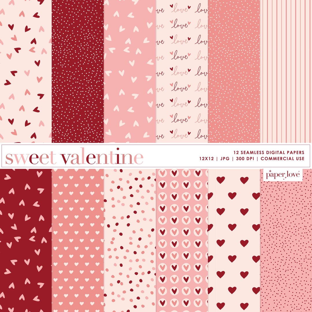 12 Valentine Hearts Seamless Digital Papers, Heart Scrapbook Paper ...