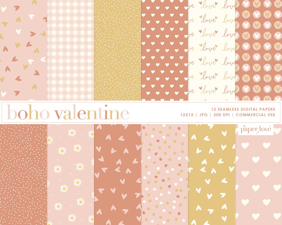 Boho Valentine Daisy Digital Paper, Valentine Heart Seamless Pattern ...
