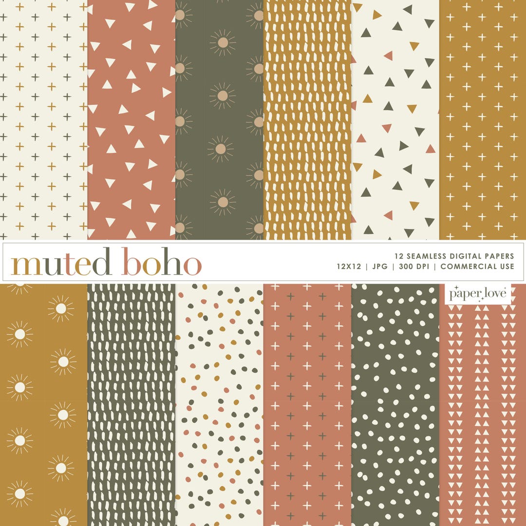 Muted Boho Digital Paper, Muted Boho Seamless Repeat Pattern, Retro ...