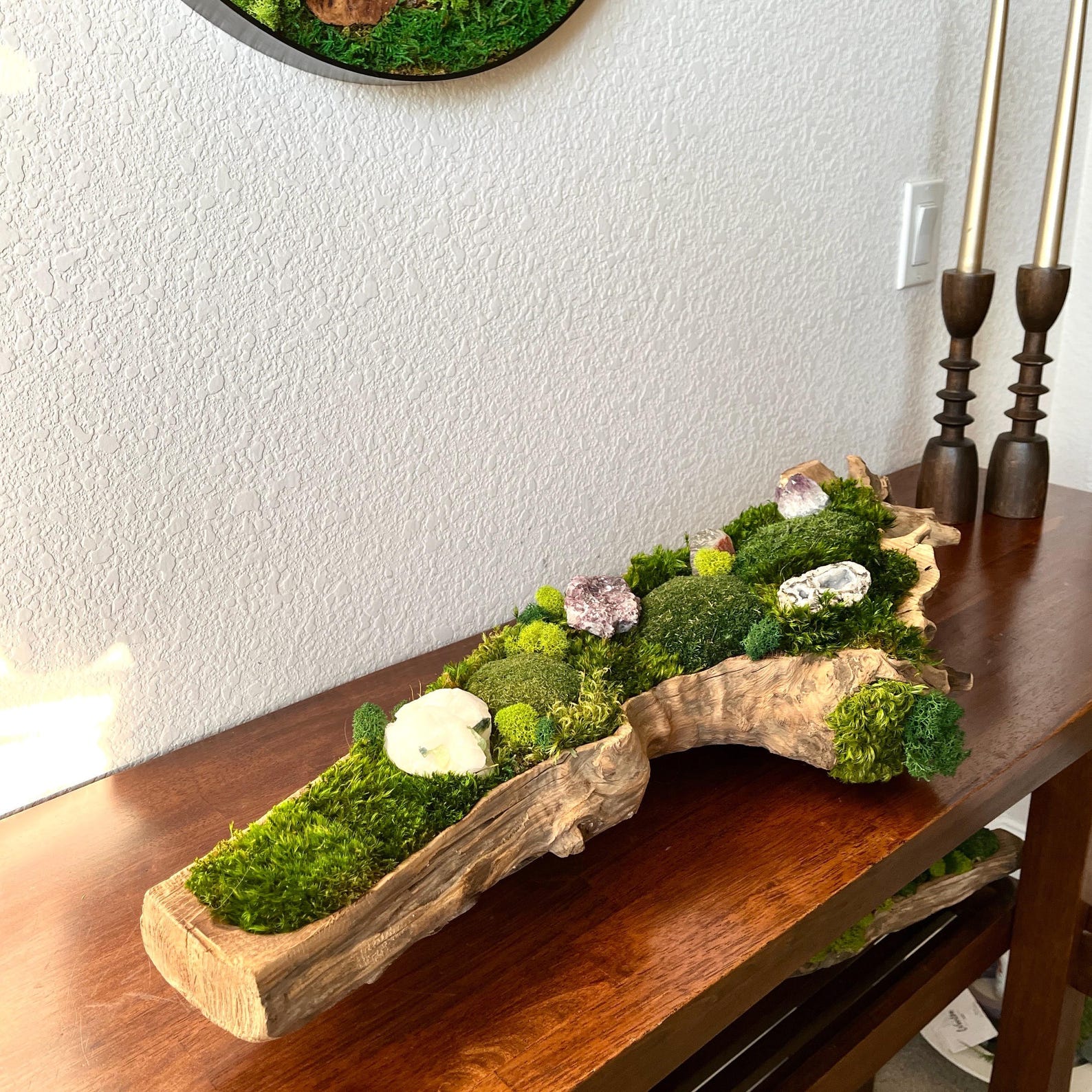 Crystal Table Centerpiece Natural Elements Moss Arrangement Driftwood ...