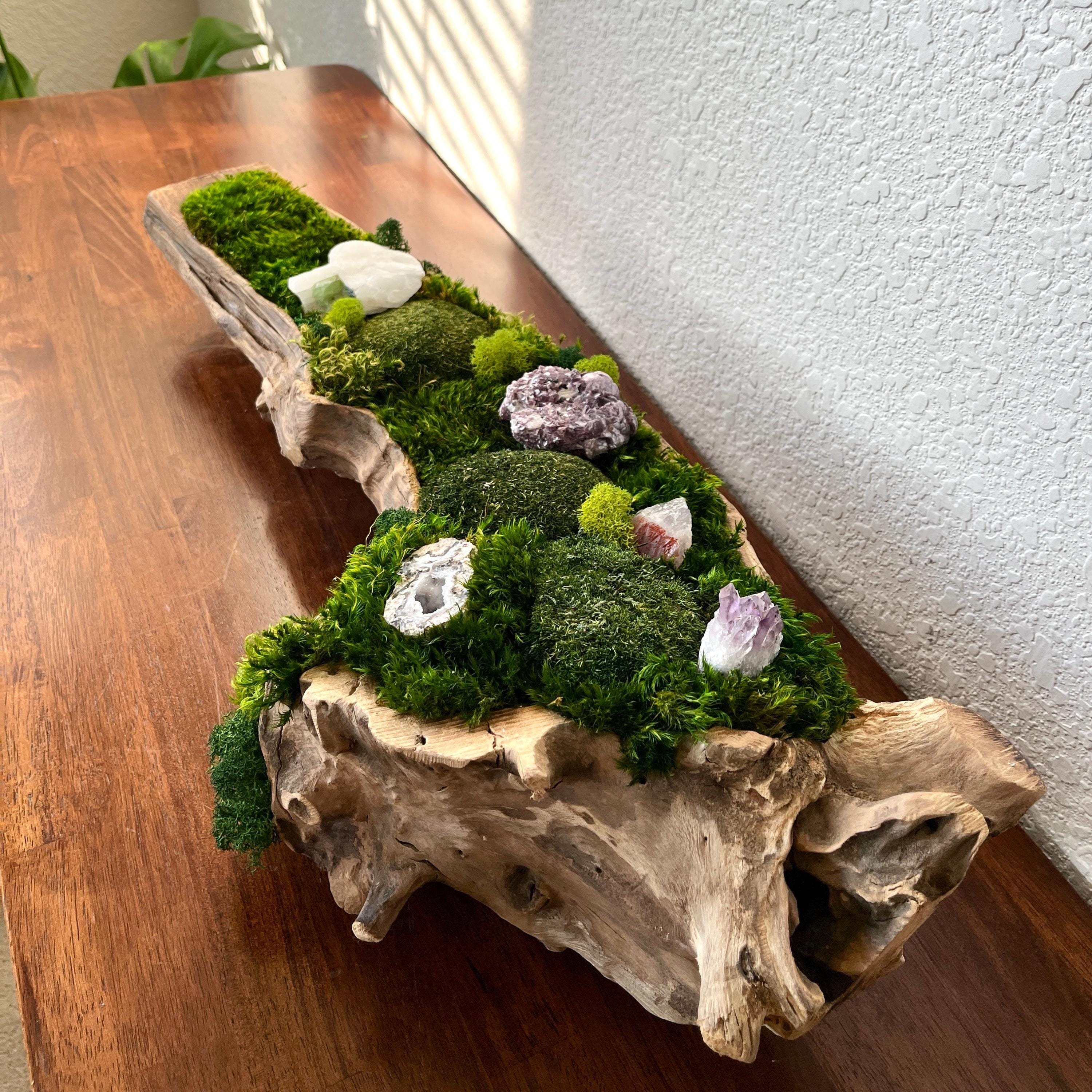 Crystal Table Centerpiece Natural Elements Moss Arrangement Driftwood ...