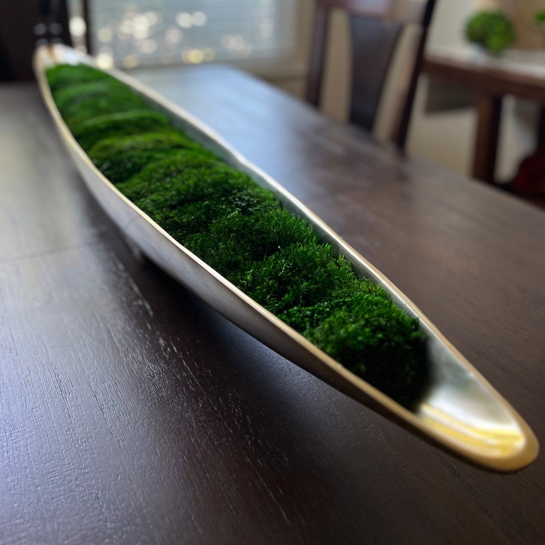 Extra Long Moss Bowl Centerpiece for Dining Table Gold Metal Boat Moss ...