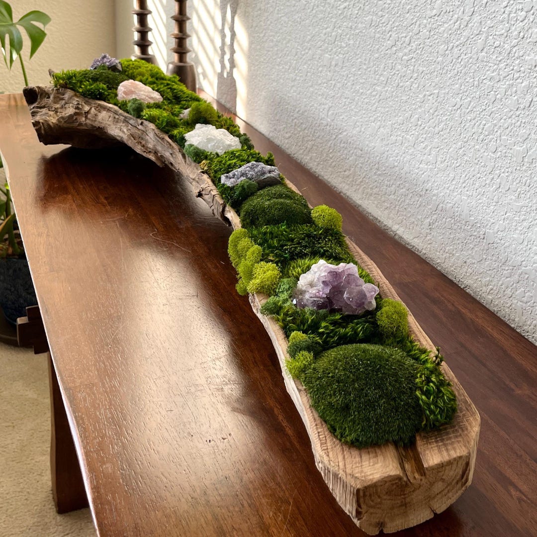 Crystal Table Centerpiece Natural Elements Moss Arrangement Driftwood ...
