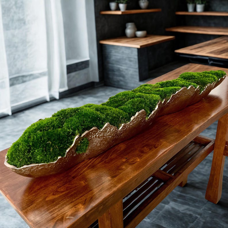 Preserved Moss Centerpiece Table Decoration Metal Vessel Gold Accent ...