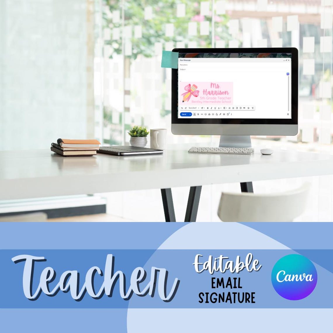Tickled Pink Bow Teacher Email Signature - Editable Template Using ...