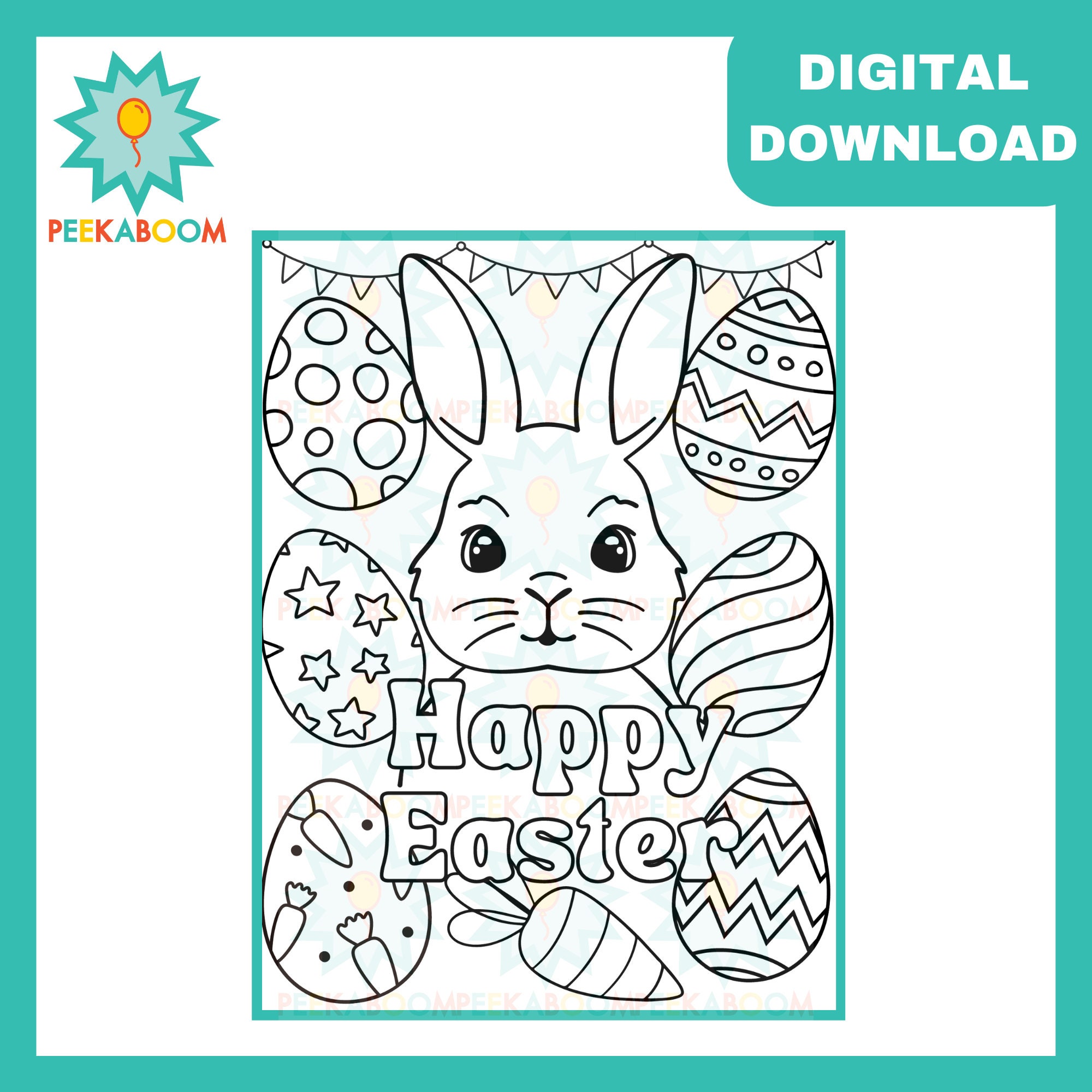Happy EASTER BUNNY EGGS Coloring Page Instant Digital Download Pdf File ...