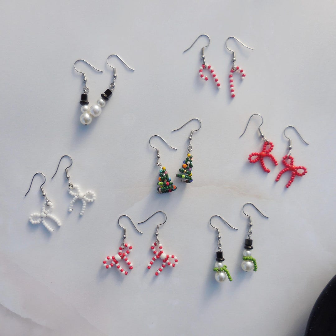 Beaded Holiday Earrings • Christmas Trees, Bows, Candy Canes, Snowmen ...