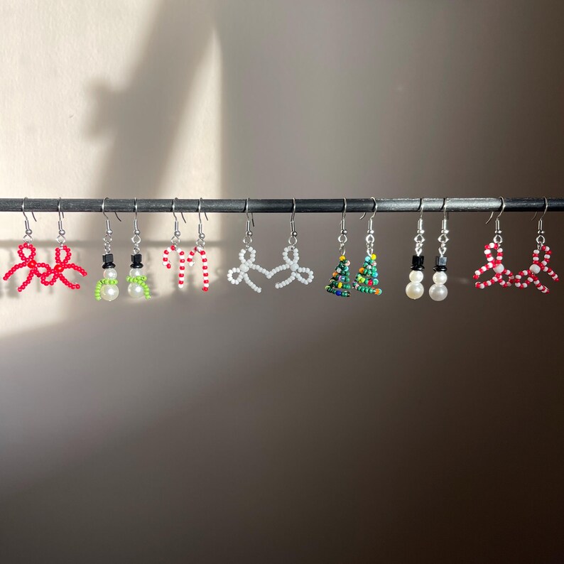 Beaded Holiday Earrings • Christmas Trees, Bows, Candy Canes, Snowmen ...
