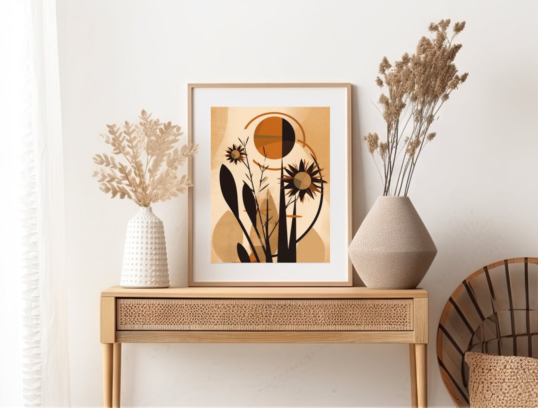Bohemian Abstract Sunflower Printable Wall Art, Mid Modern Century ...