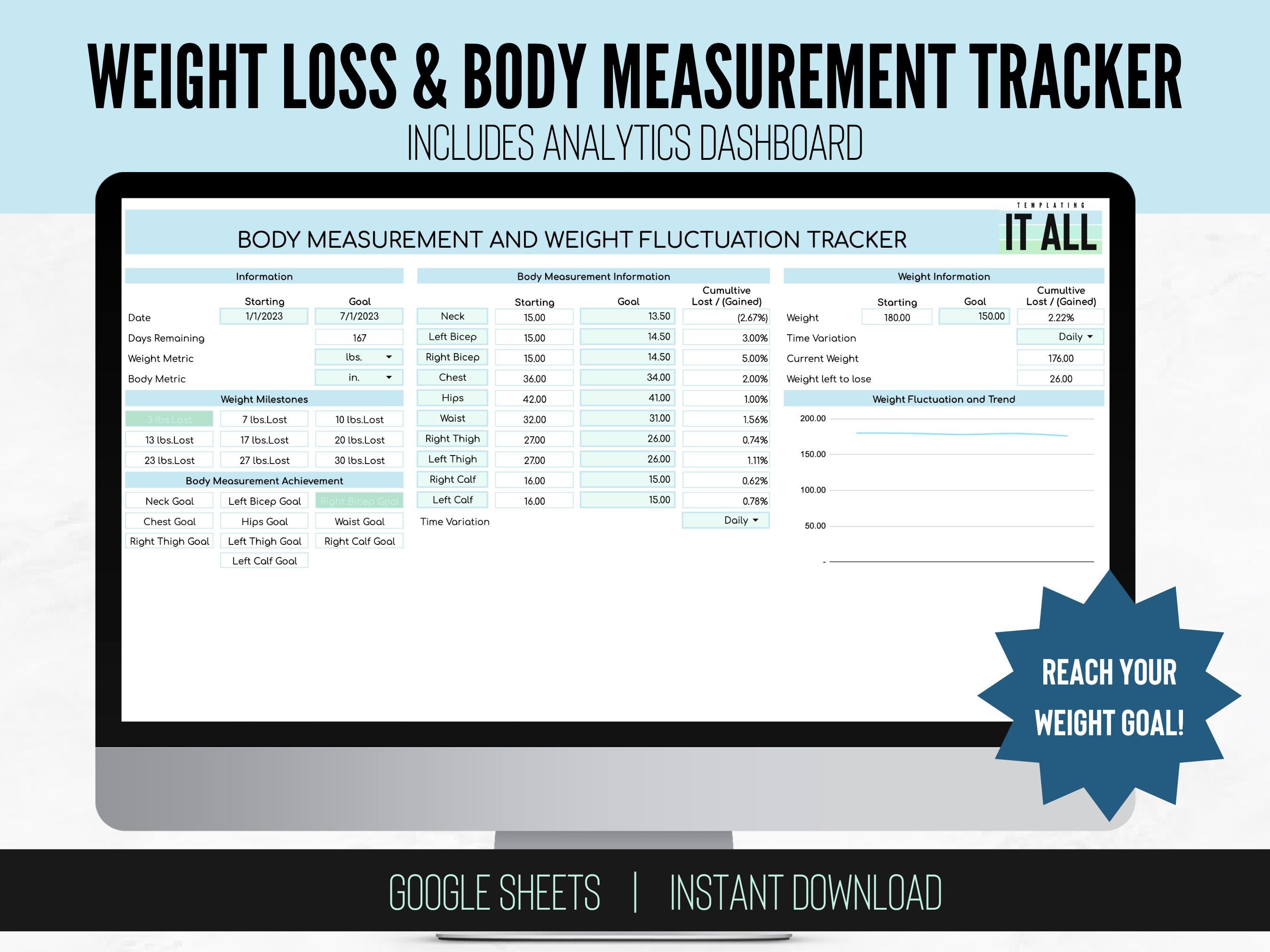 Body Measurement & Weight Loss Tracker Google Sheets Editable ...