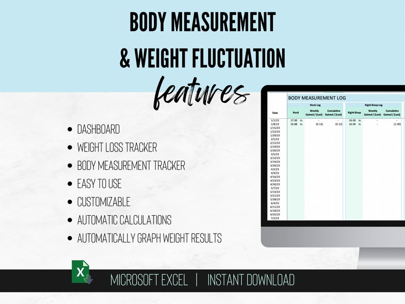 Body Measurement & Weight Loss Tracker in Microsoft Excel. Editable ...