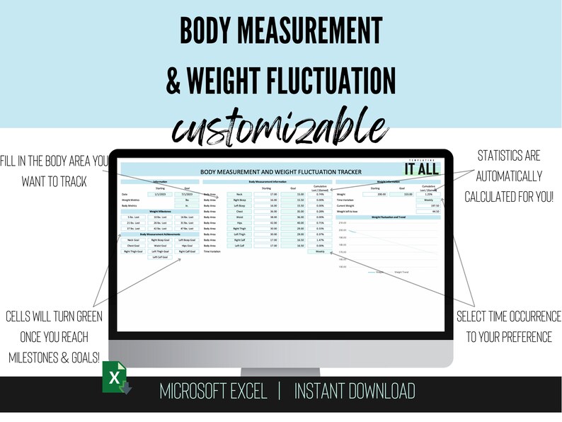 Body Measurement & Weight Loss Tracker in Microsoft Excel. Editable ...