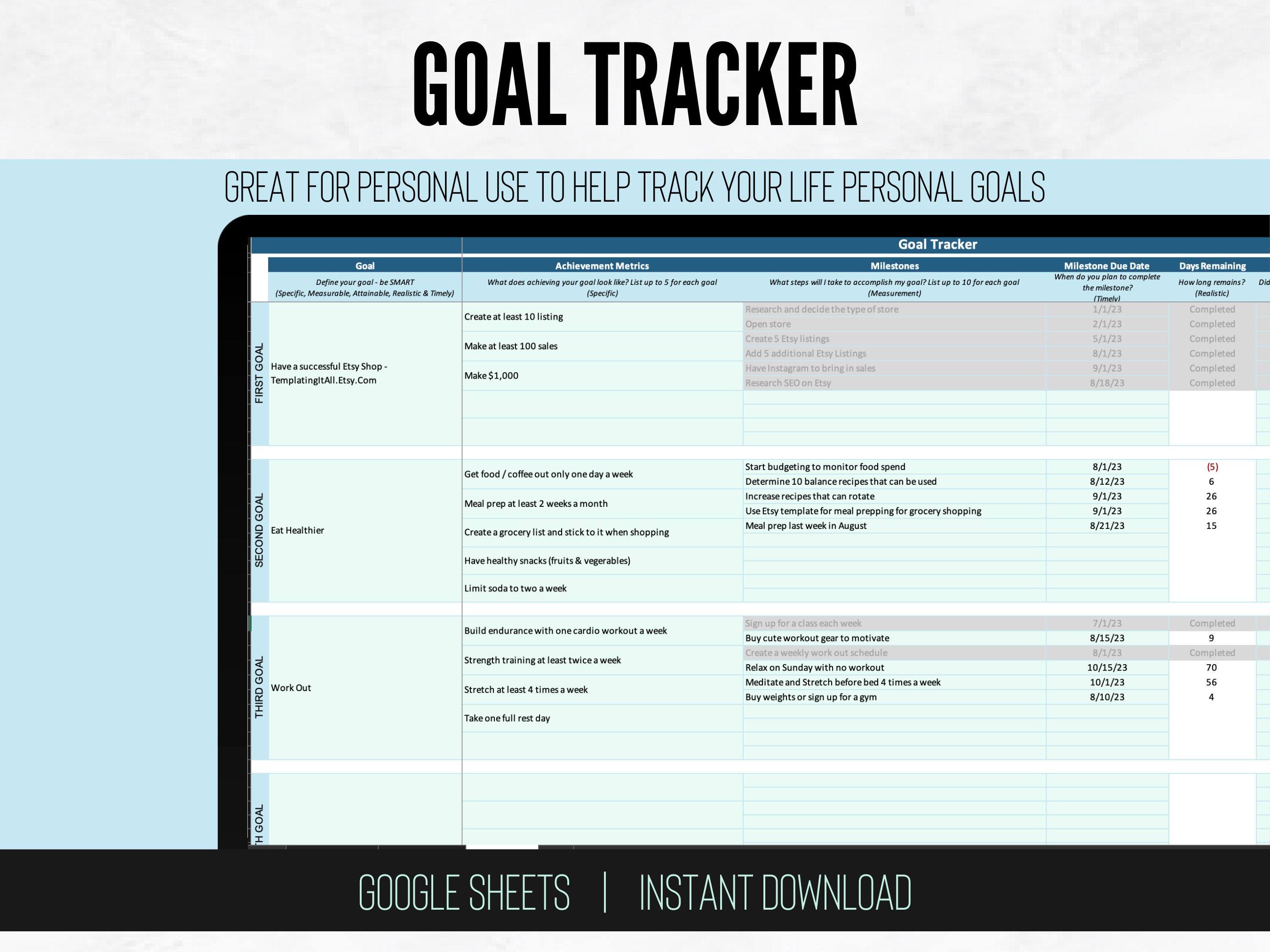 Goal Tracker Spreadsheet Accomplish Your Goals, Simple Goal Setting ...
