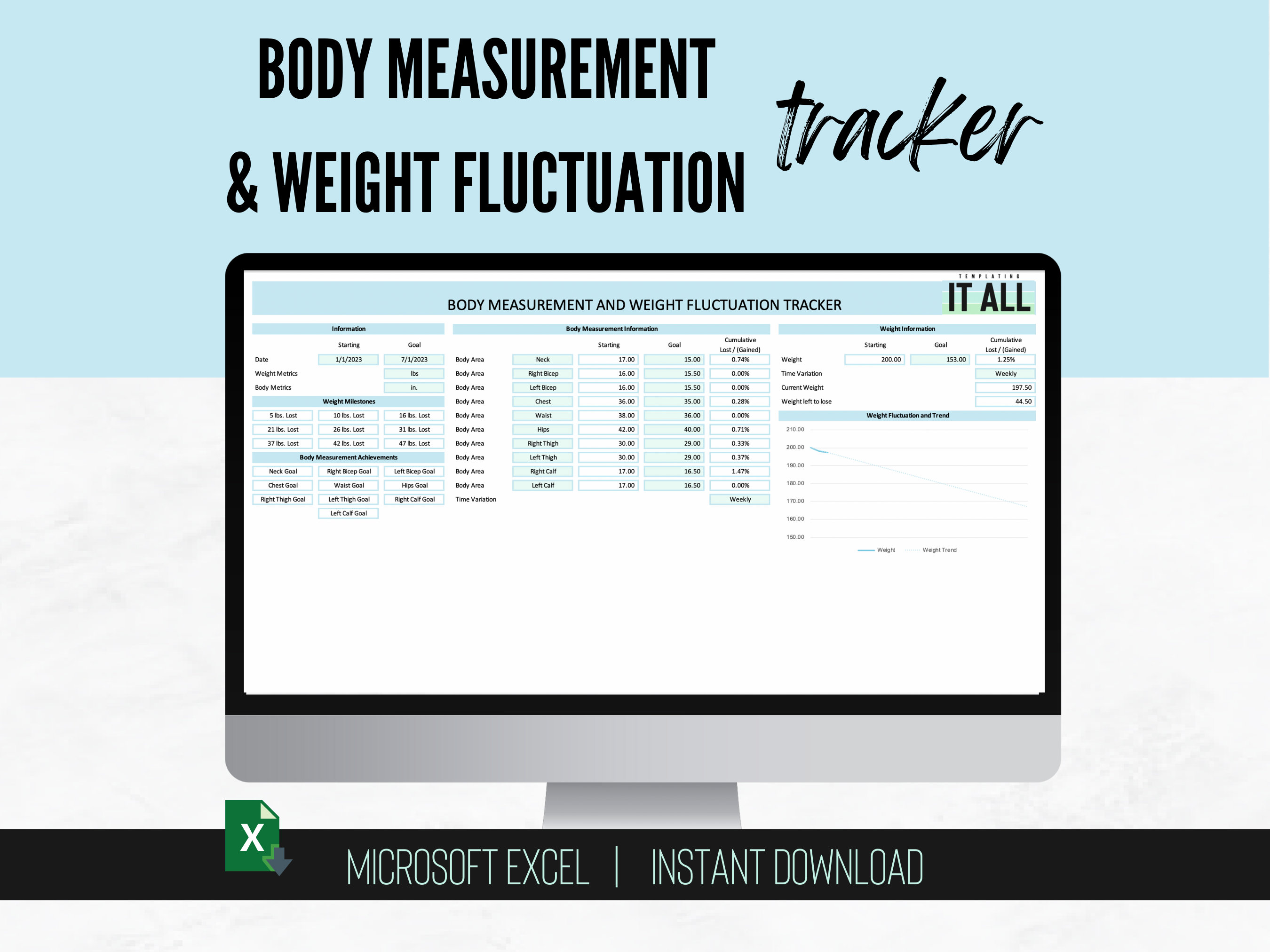 Body Measurement & Weight Loss Tracker in Microsoft Excel. Editable ...