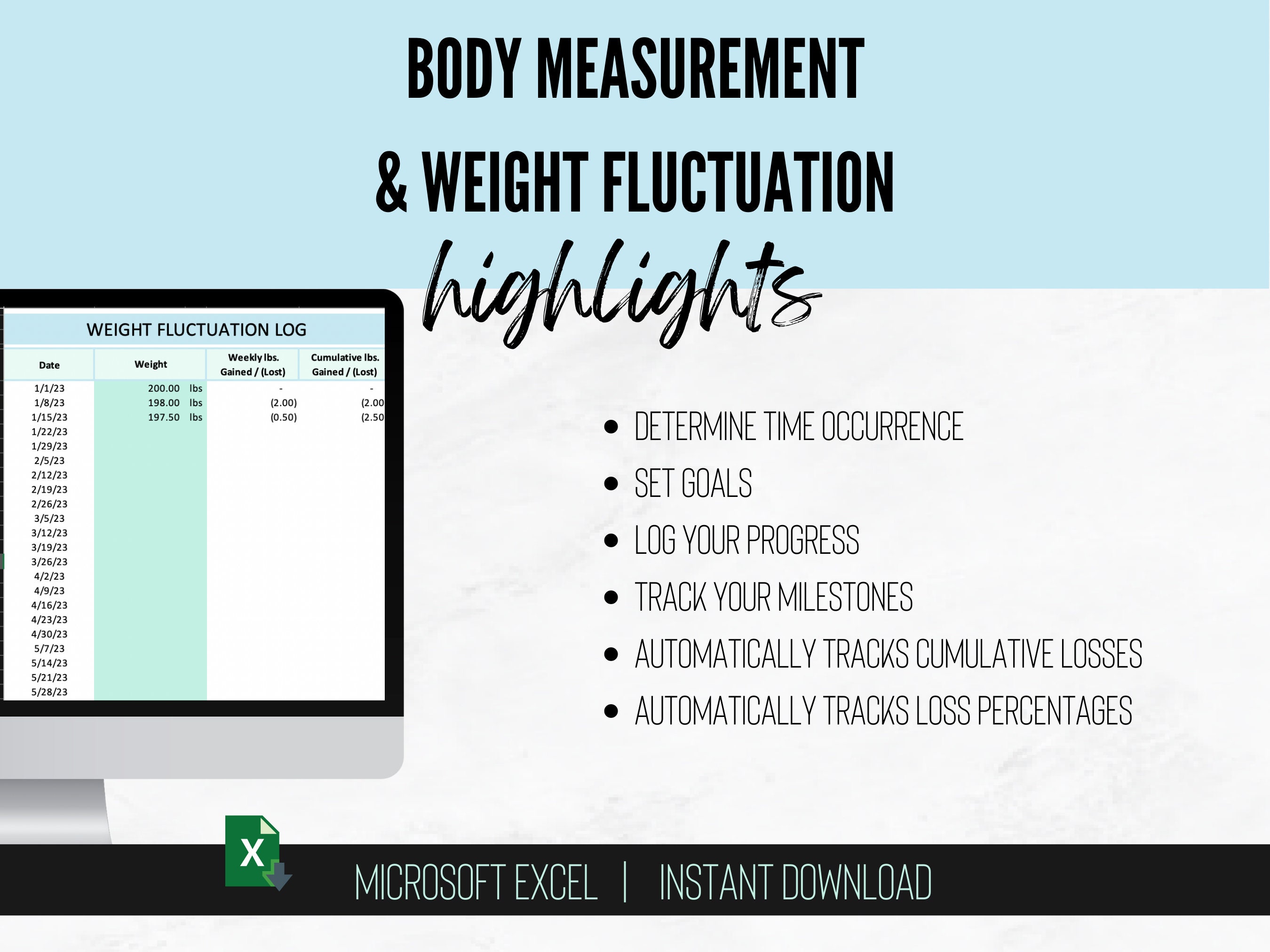 Body Measurement & Weight Loss Tracker in Microsoft Excel. Editable ...