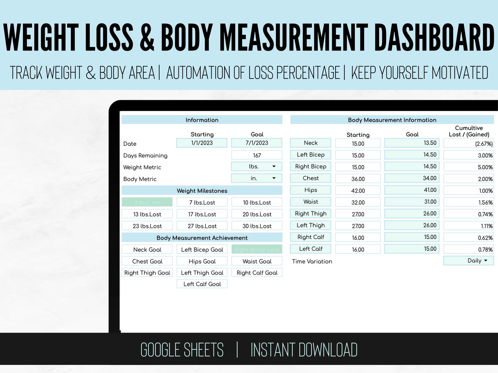 Body Measurement & Weight Loss Tracker Google Sheets Editable ...