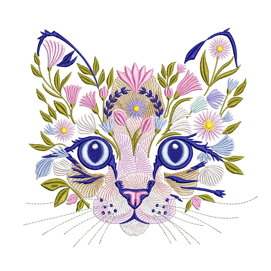 Floral Kitten Cat Machine Embroidery Design, Flower Meadow Animal ...