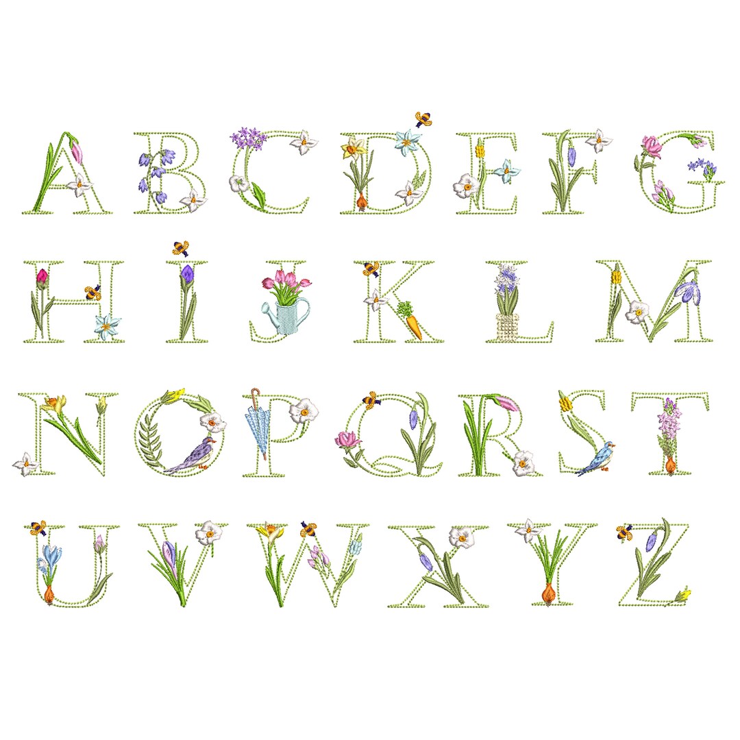 Flower Garden Alphabet Machine Embroidery Design Package, Floral ...