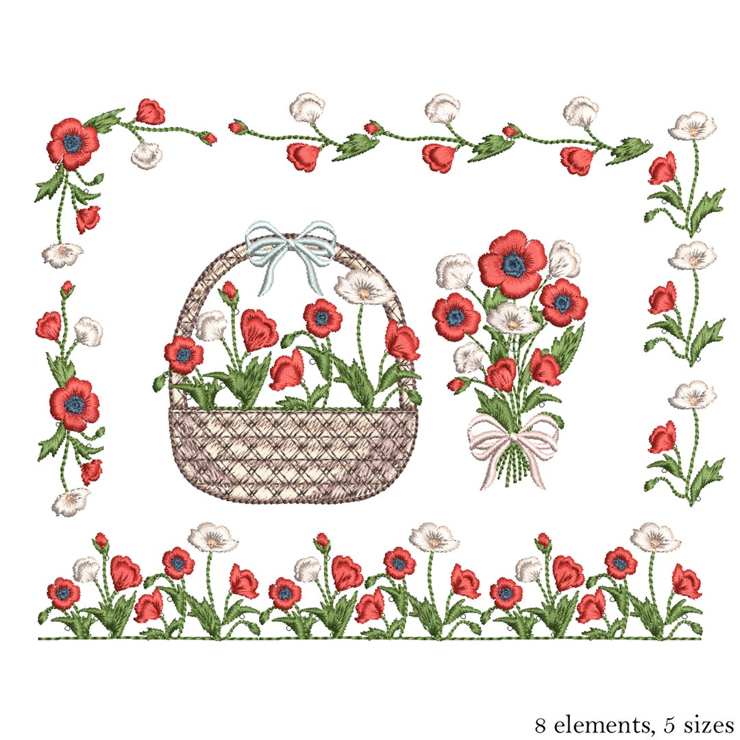 Poppy Border, Corner, Basket, Bouquet Machine Embroidery Design Bundle ...