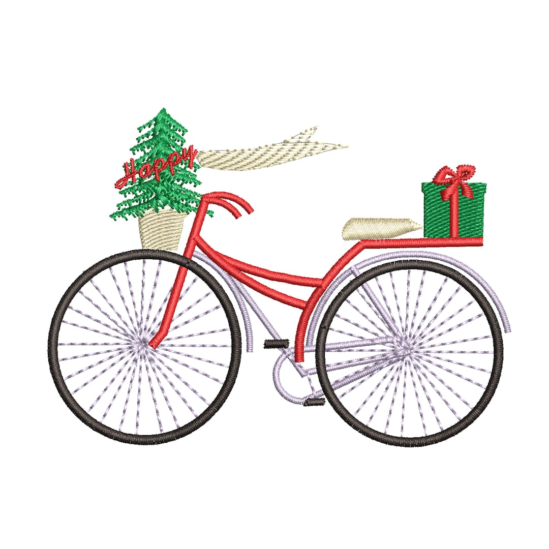Christmas Tree Bike Machine Embroidery Design, Happy Winter Holiday Bicycle Pattern Instant ...