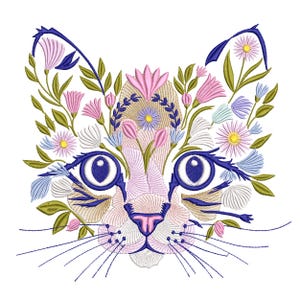 Floral Kitten Cat Machine Embroidery Design, Flower Meadow Animal ...