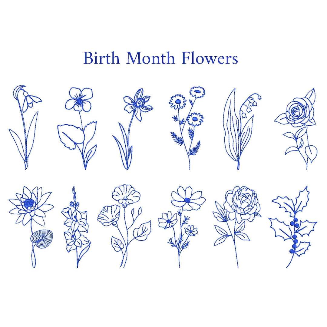 Birth Month Flower Machine Embroidery Design, 12 Flowers Instant ...