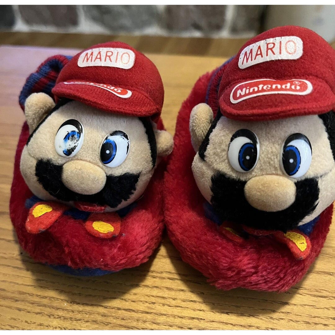 Vintage RARE 1989 Super Mario Bros Plush Fuzzy Slippers Nintendo 3-4 ...