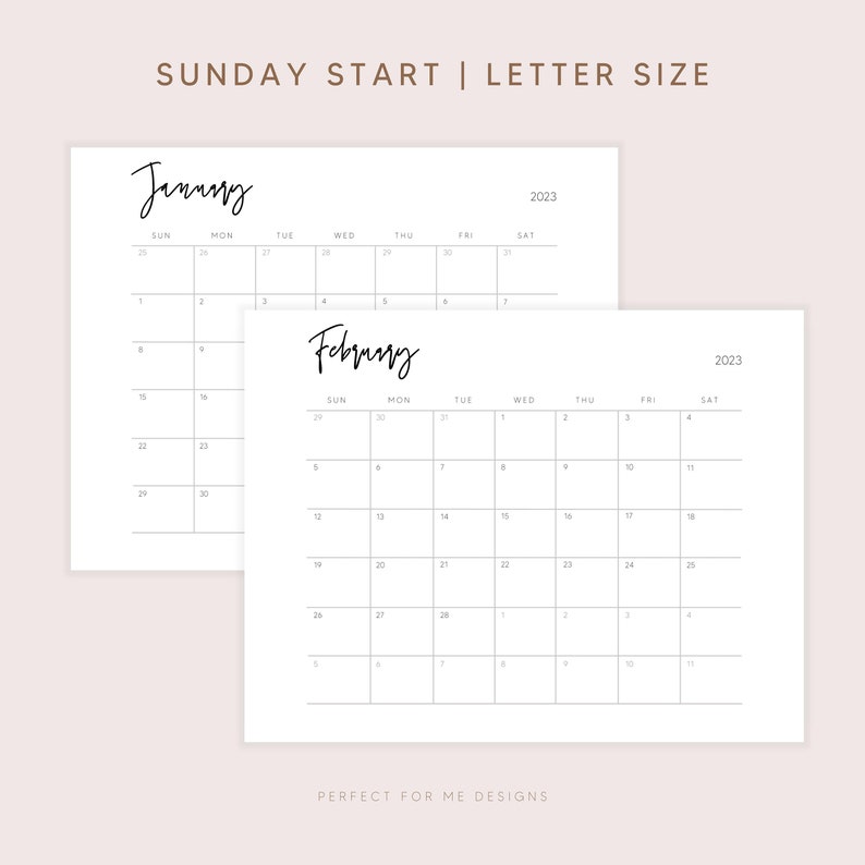 2023 Year Calendar, Minimalist, Printable Calendar, Landscape, Letter ...