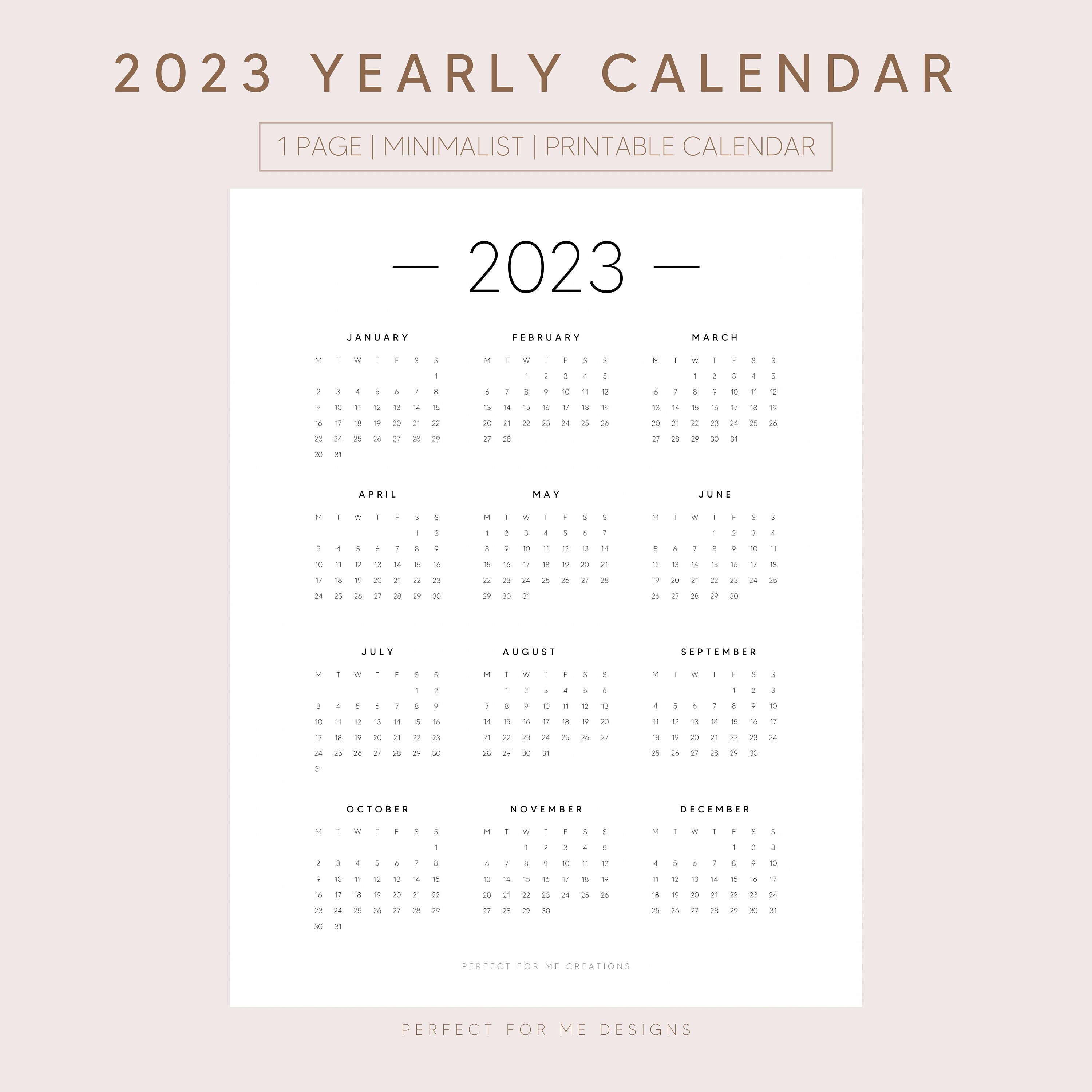 2023 Year Calendar Printable, Yearly Minimalist Calendar, Wall/desk ...