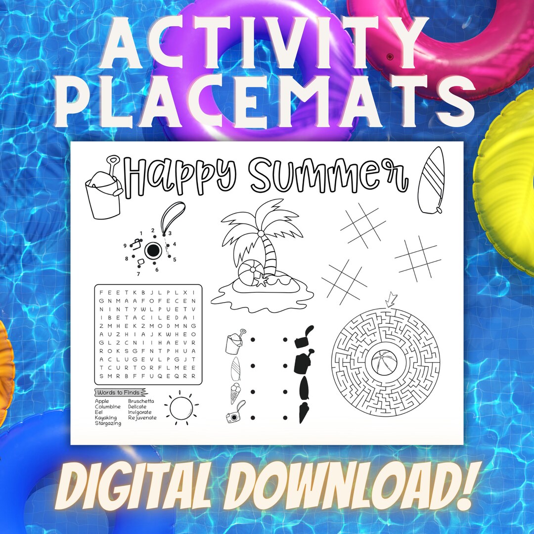 Summer Printable Coloring Placemats - Beachy Fun for Kids, Instant ...