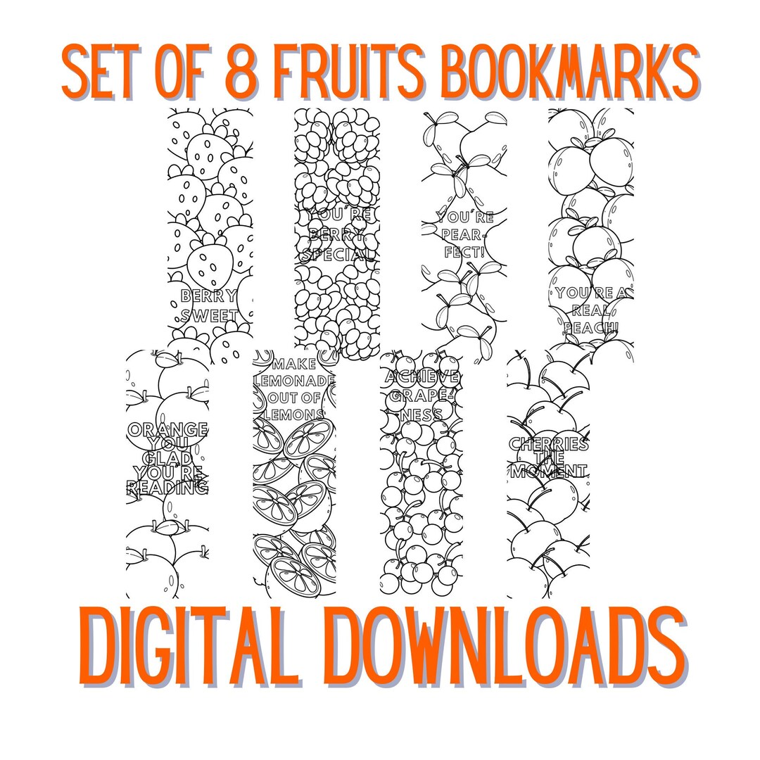 Digital Printable Fruits Bookmark Set of 8 – Coloring Fruit Book Marks ...